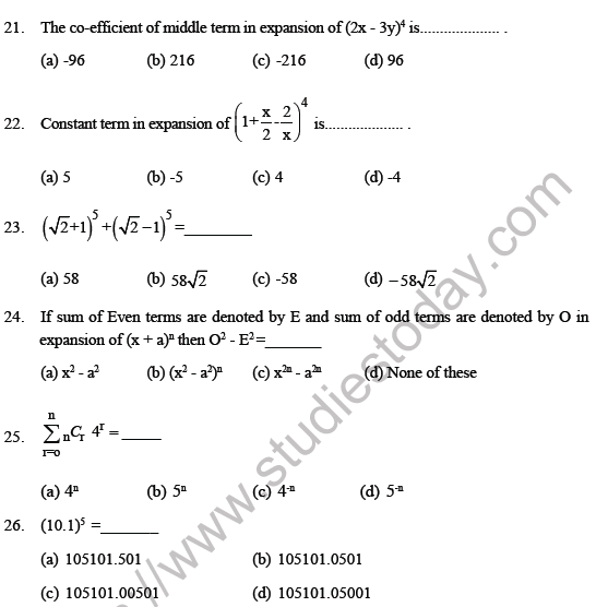 JEE Mathematics Binomial Theorem MCQs Set A with Answers